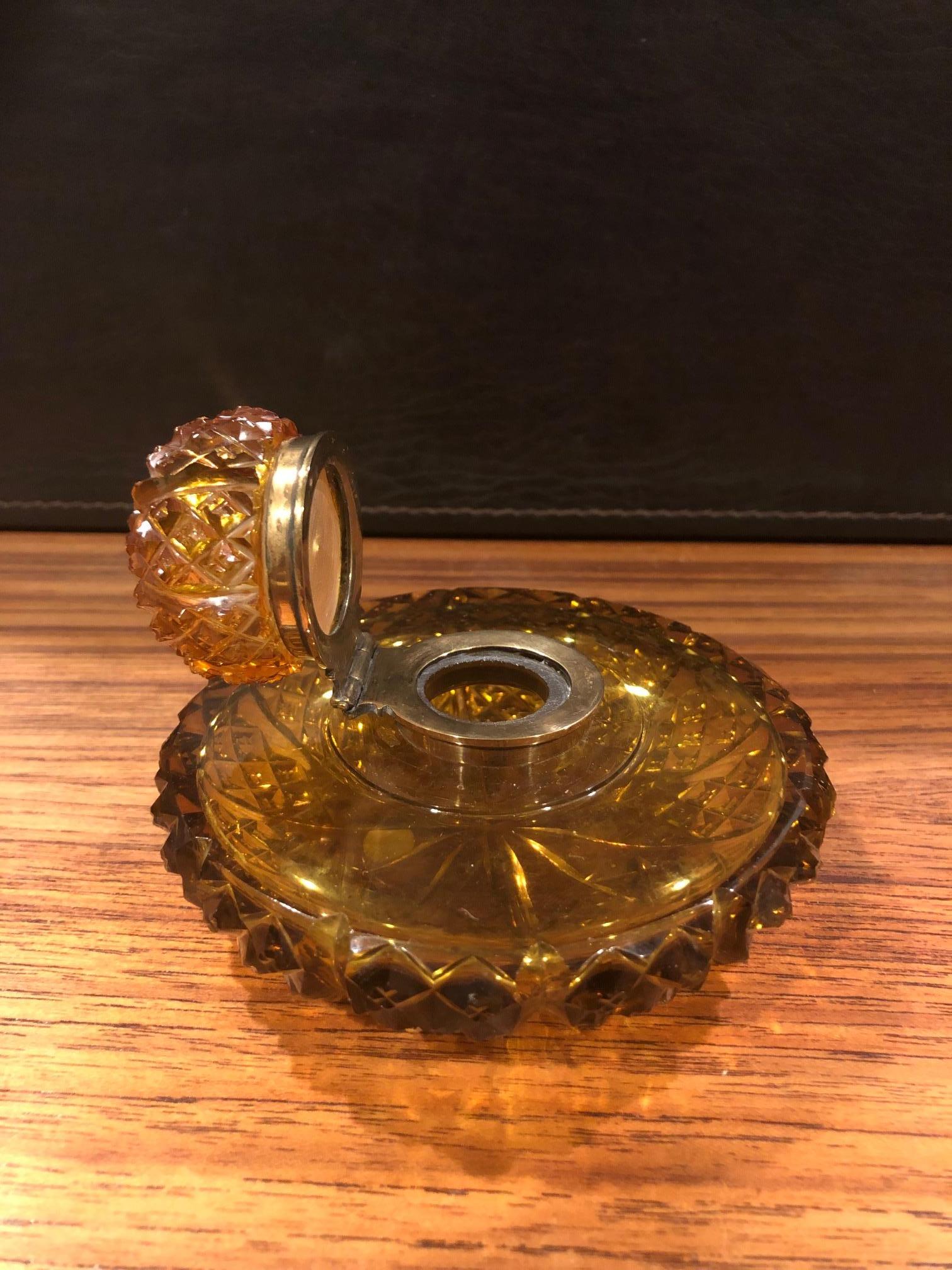 Antique Amber Colored Cut Glass English Inkwell For Sale at 1stDibs