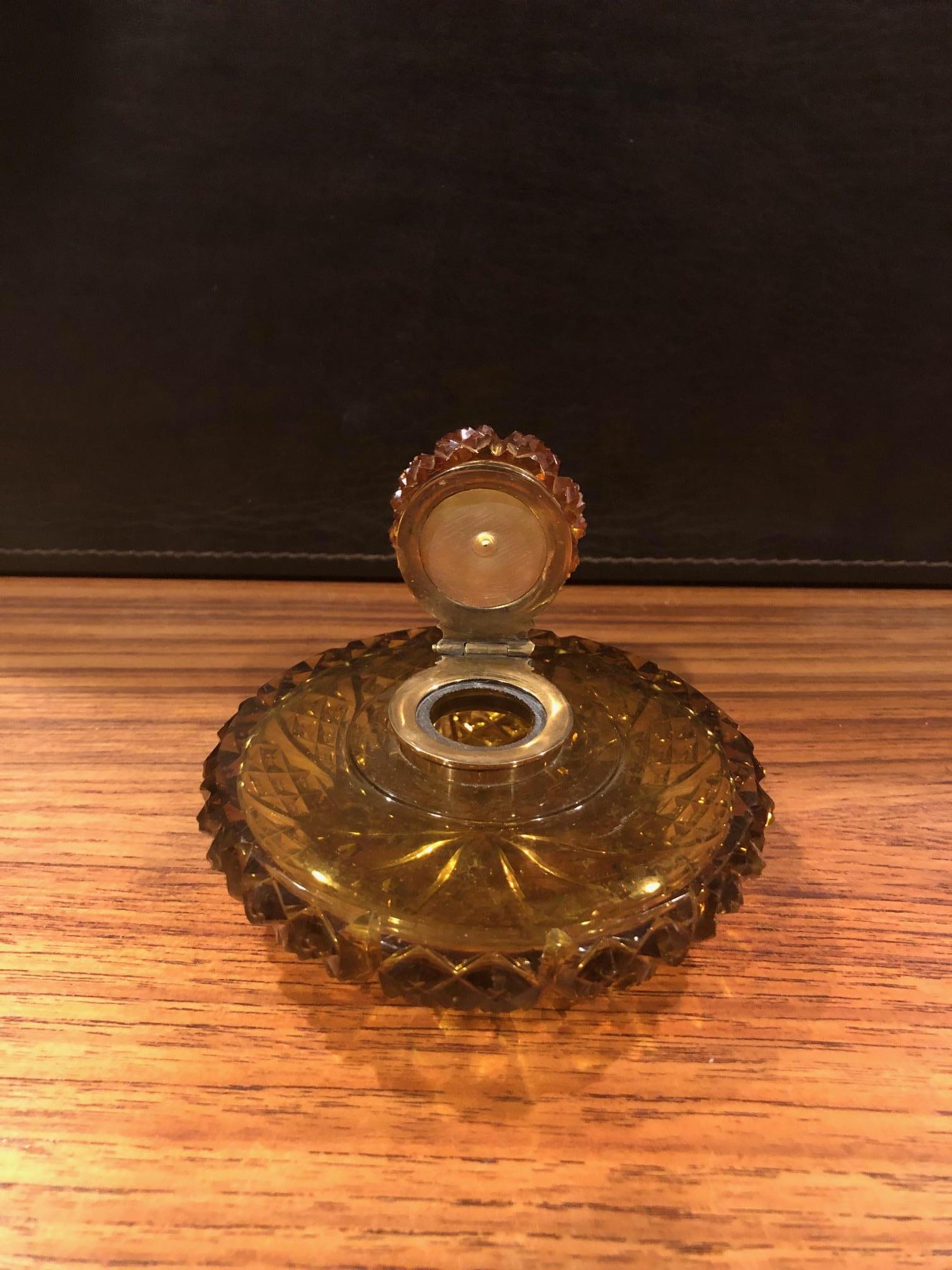 Antique Amber Colored Cut Glass English Inkwell For Sale at 1stDibs