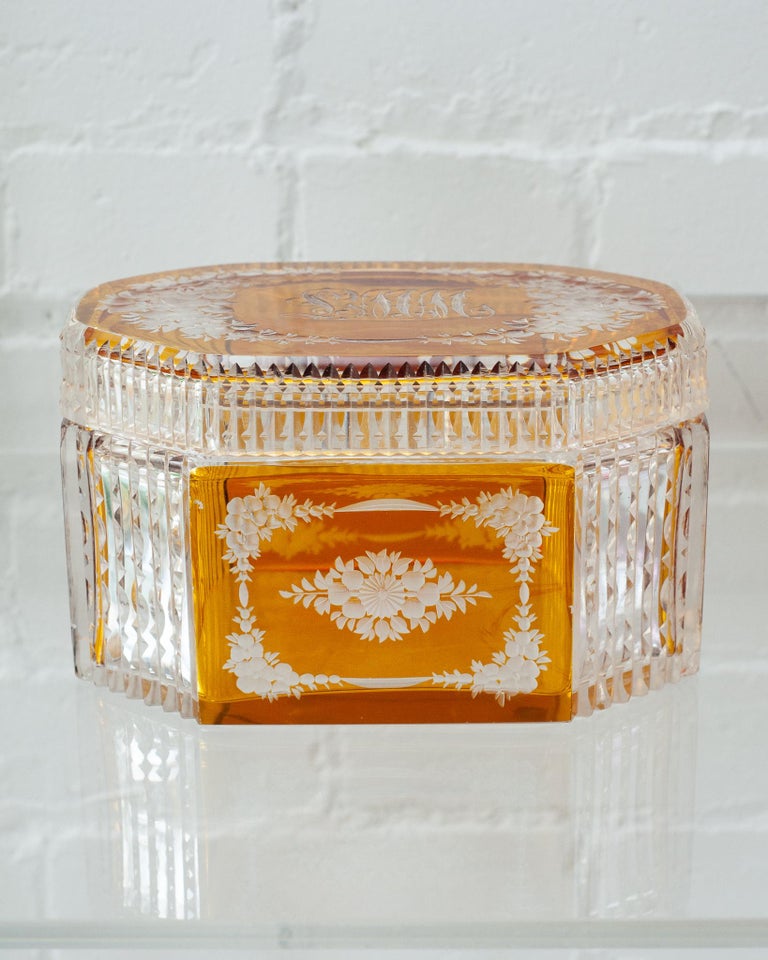Antique Amber Orange Bohemian Cut Crystal Box with Lid For Sale at 1stDibs