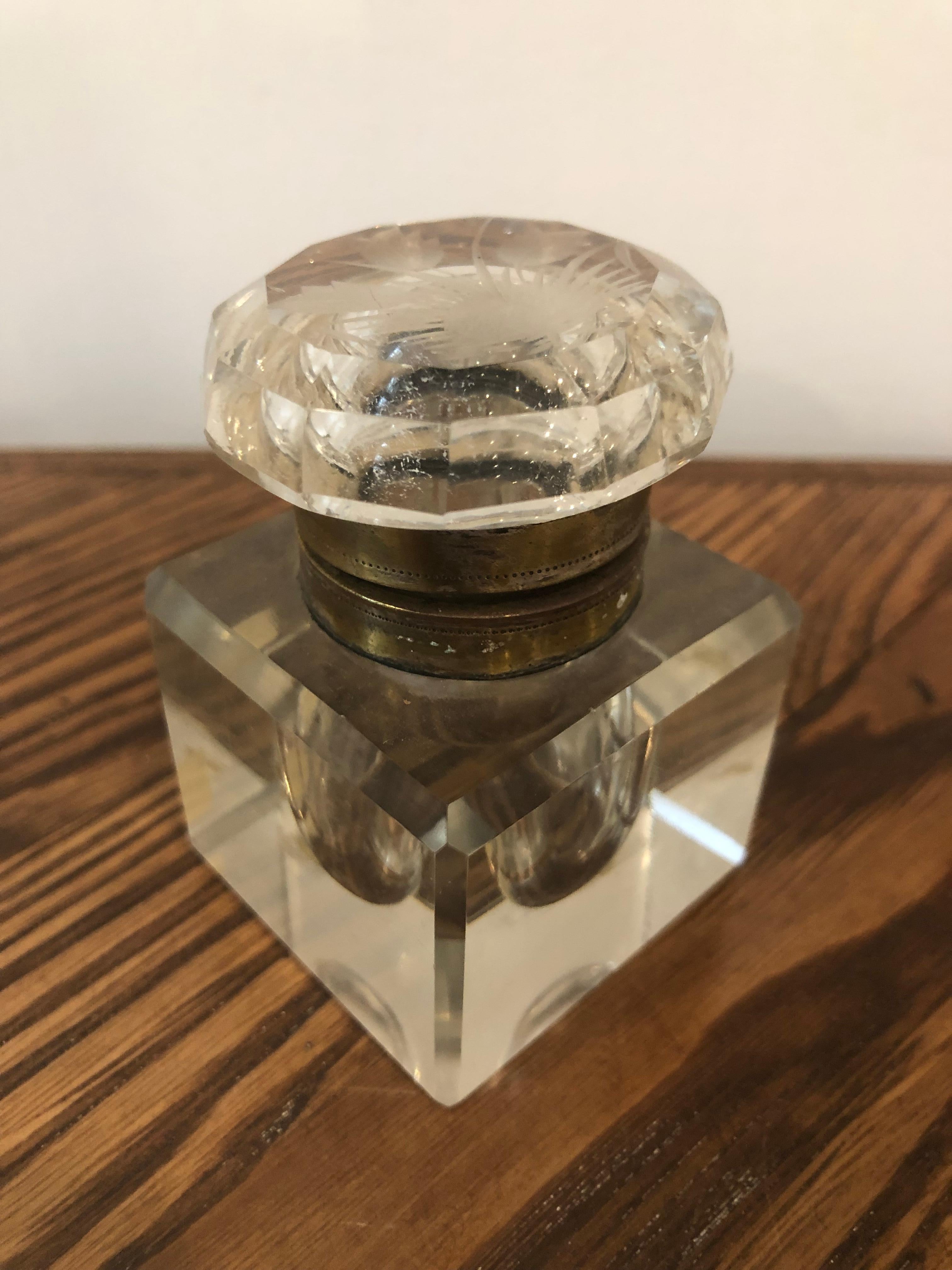 Antique American 1880 Crystal Inkwell with Intaglio Cut Flowers on Top ...