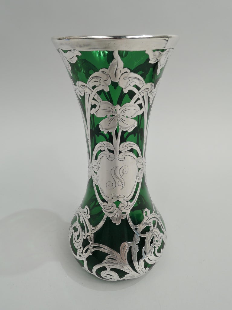 Antique American Art Nouveau Classical Green Silver Overlay Vase at 1stDibs