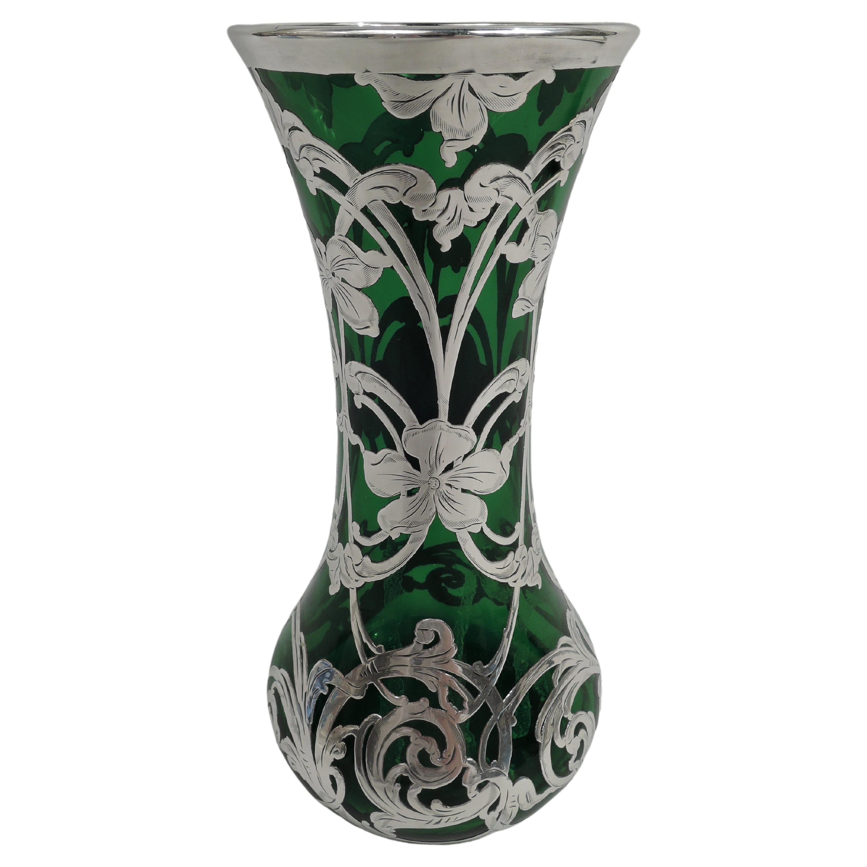 Antique American Art Nouveau Classical Green Silver Overlay Vase at 1stDibs