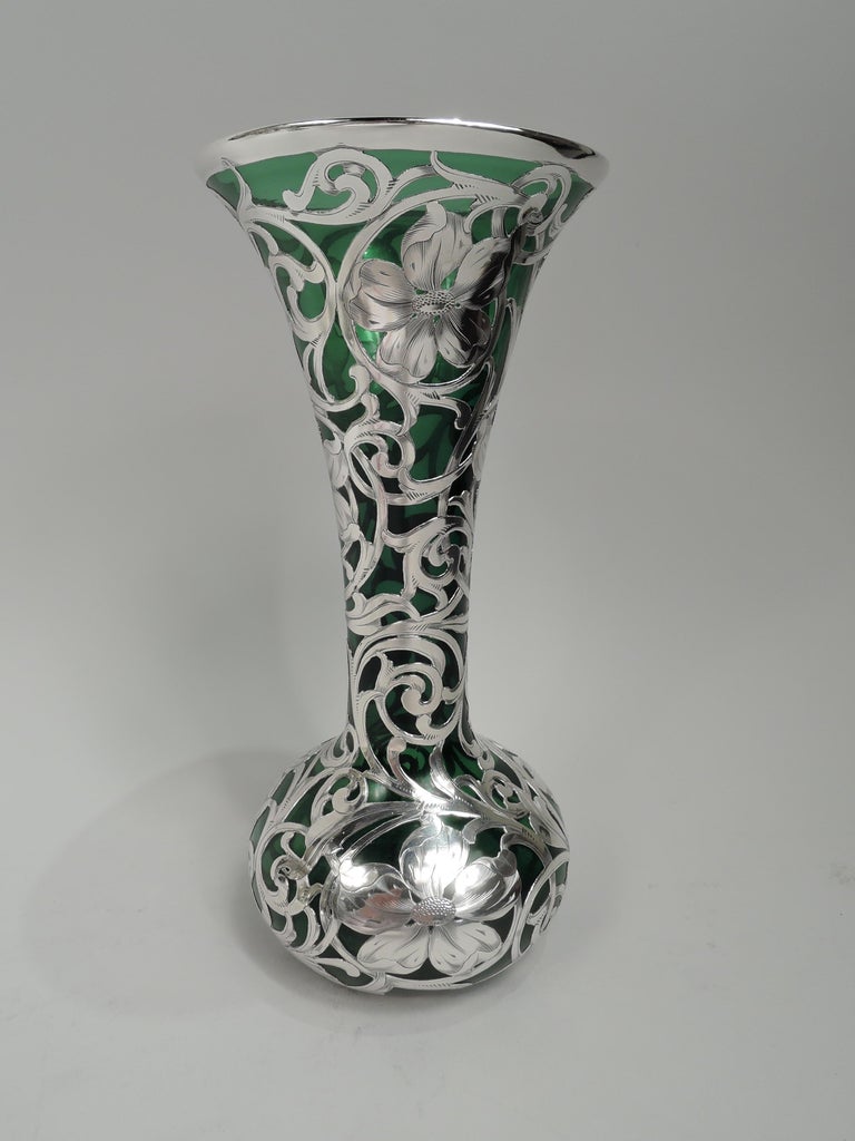 Antique American Art Nouveau Green Silver Overlay Vase For Sale at 1stDibs