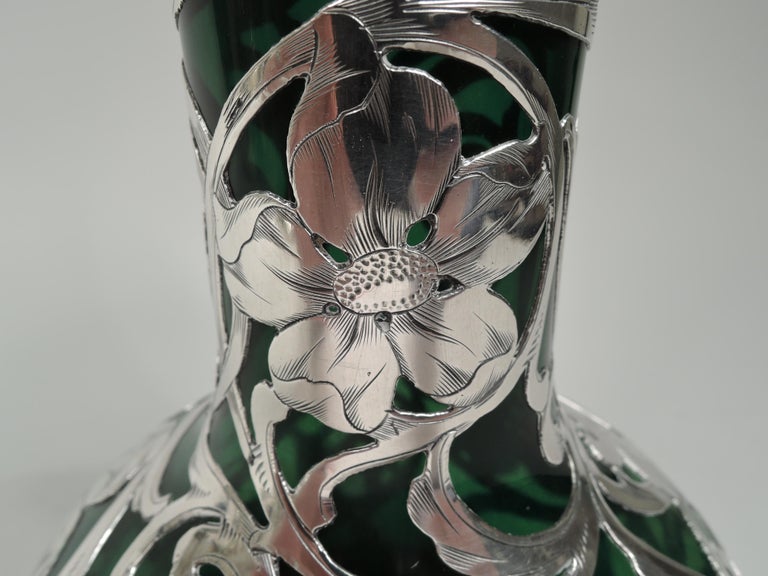 Antique American Art Nouveau Green Silver Overlay Vase For Sale at 1stDibs