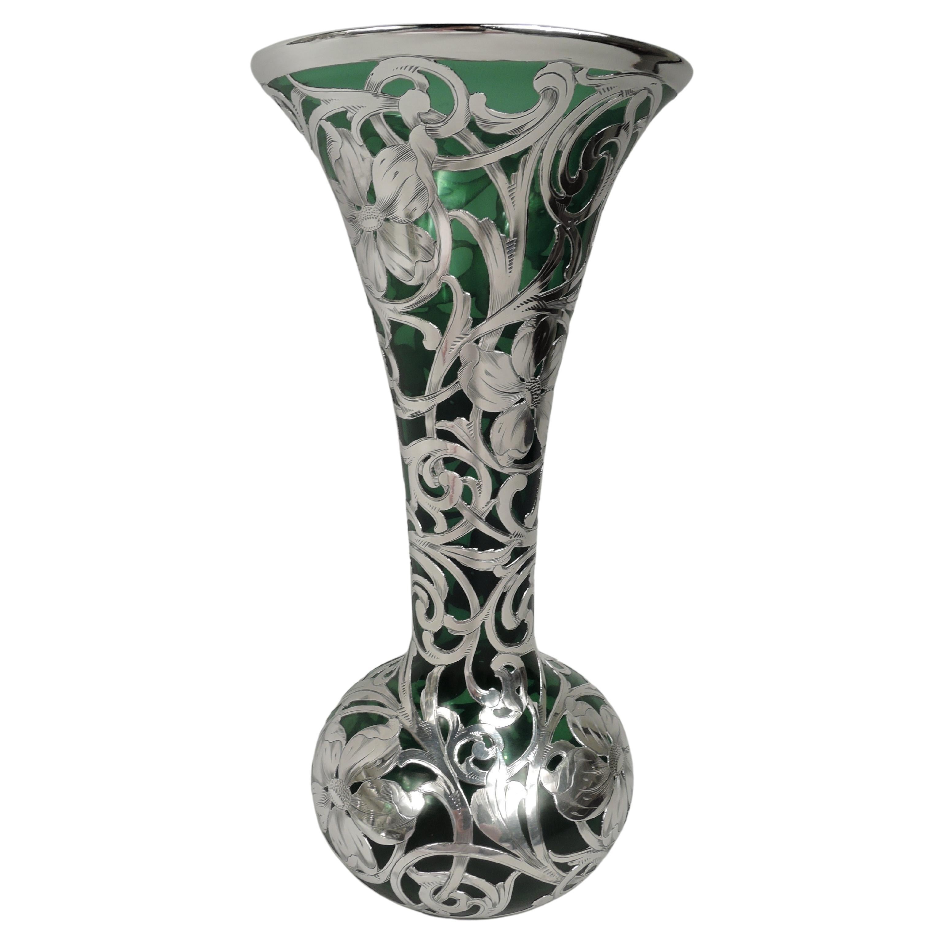 Antique American Art Nouveau Green Silver Overlay Vase For Sale at 1stDibs