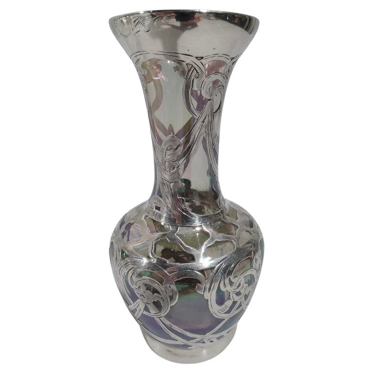 Antique American Art Nouveau Iridescent Silver Overlay Vase For Sale at ...