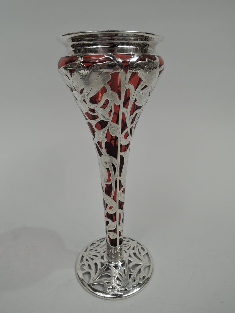 Antique American Art Nouveau Red Silver Overlay Vase For Sale at 1stDibs