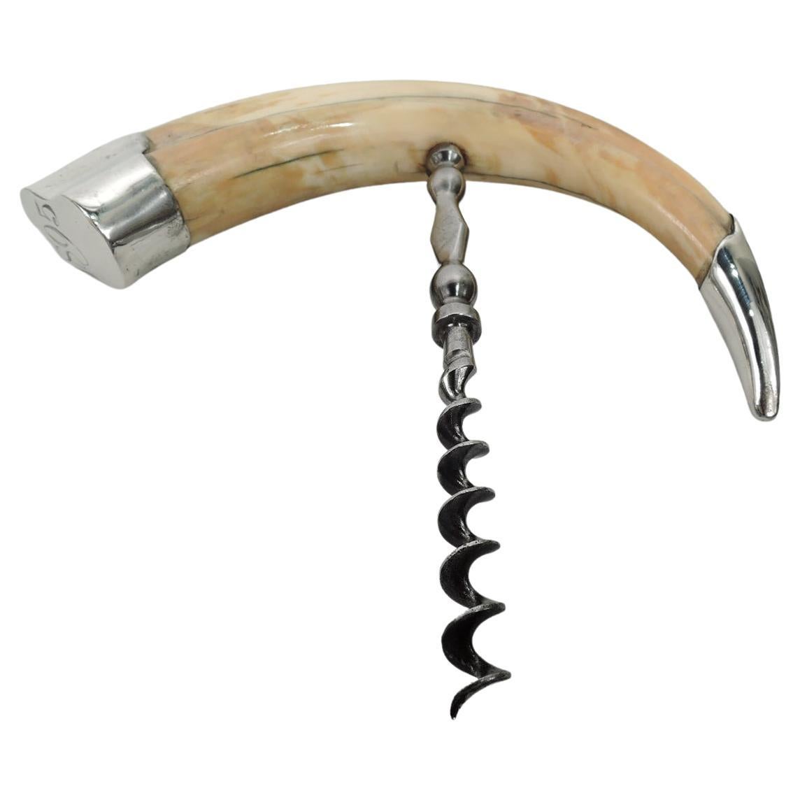 Antique American Sterling Silver and Horn Corkscrew with Carved ...