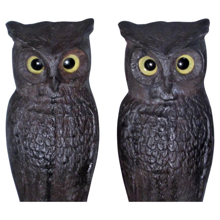 Antique American Cast Iron Owl Andirons, Circa 1900 at 1stDibs