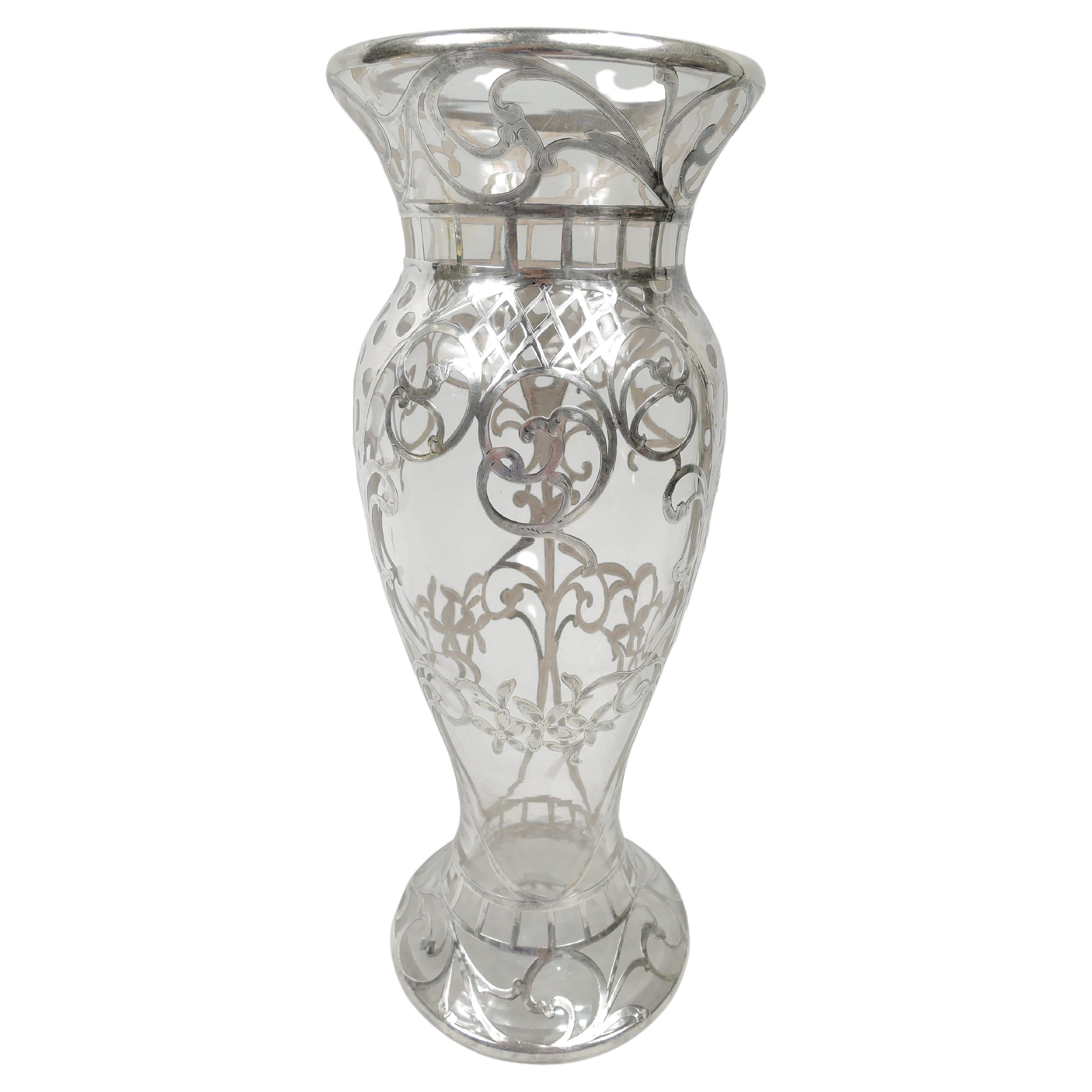 Antique American Edwardian Art Nouveau Silver Overlay Vase For Sale at ...