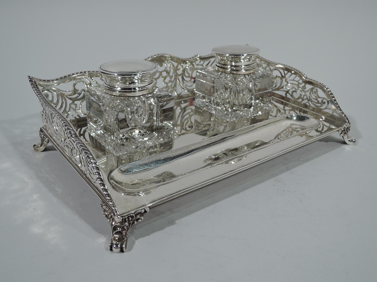 Antique American Edwardian Sterling Silver Double Inkwell on Stand at ...