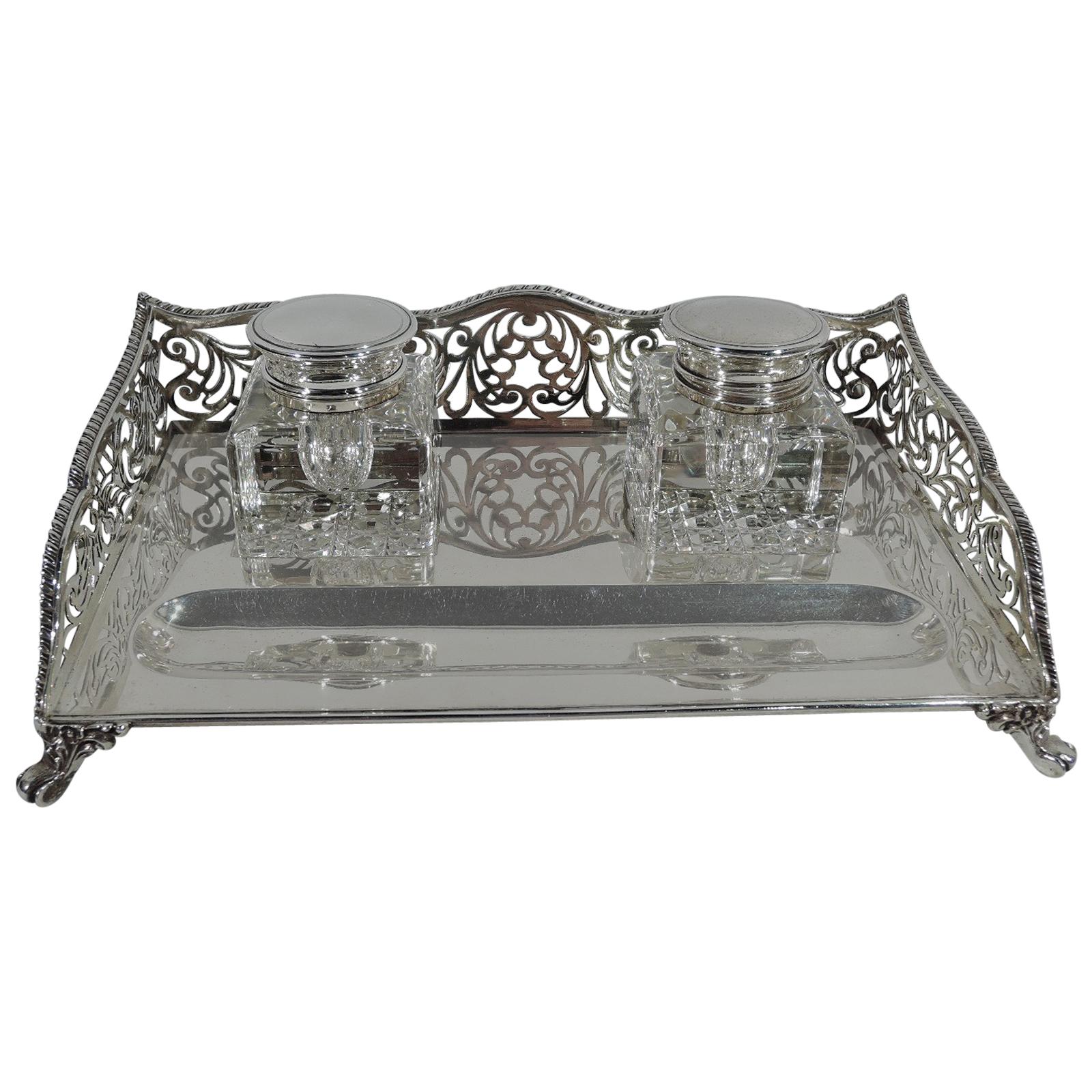 Antique American Edwardian Sterling Silver Double Inkwell on Stand at ...