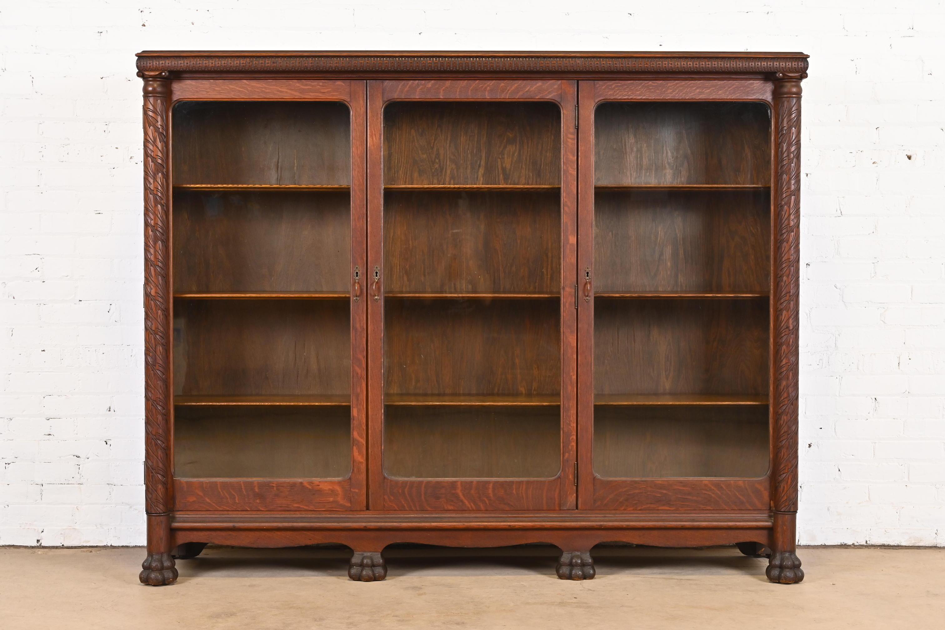Antique American Empire Carved Oak Triple Bookcase, circa 1890s For ...