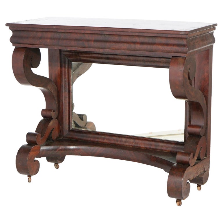 Antique American Empire Flame Mahogany Scroll Form Mirrored Pier Table, c1840 For Sale at 1stDibs