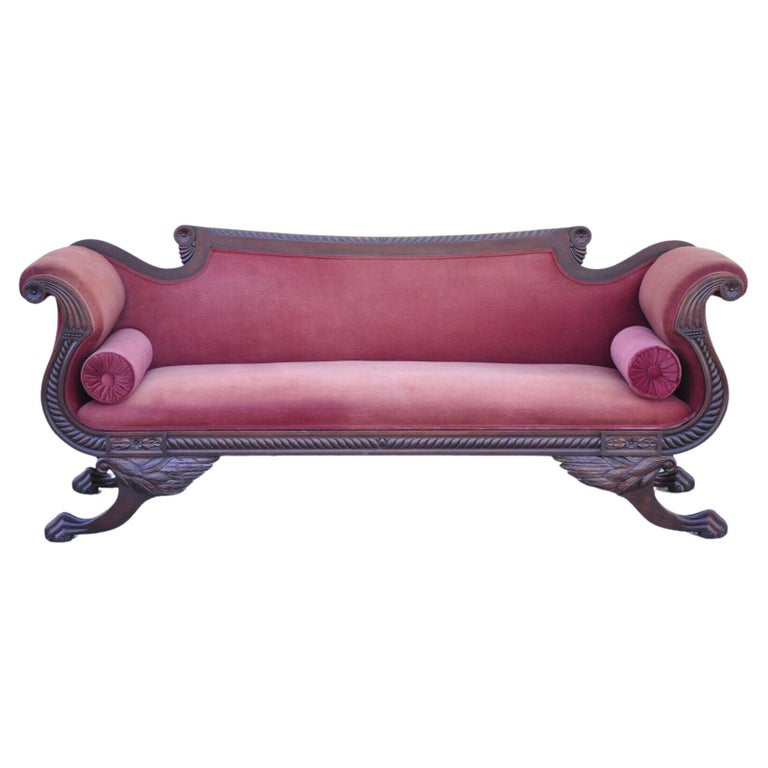 Antique American Empire Mahogany Frame Carved Paw Feet Scroll Arm Sofa ...
