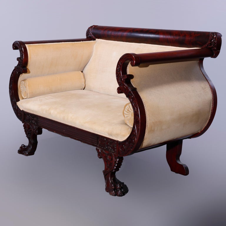 Antique American Empire Neoclassical Carved Flame Mahogany Settee ...