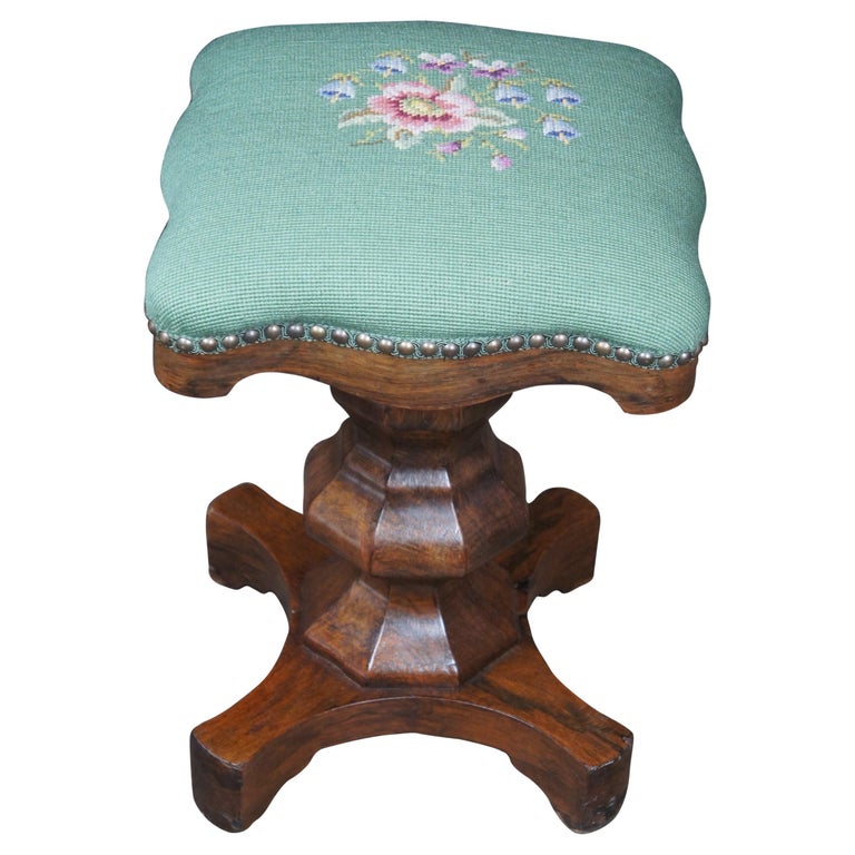 Antique American Empire Walnut Piano Organ Stool Needlepoint Seat ...
