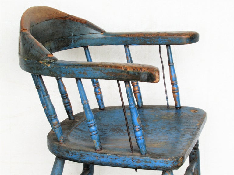 Antique American Firehouse Windsor Chair in Old Blue Paint at 1stDibs