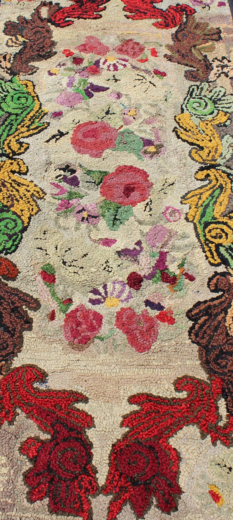 Antique American Hooked Floral Rug with Beautiful Colors Red, Green ...