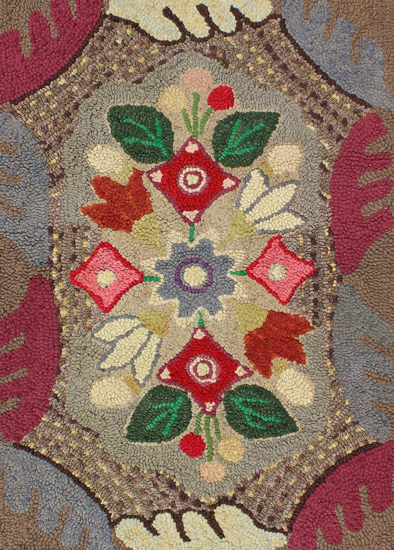 Antique American Hooked Floral Rug with Multi Colors Light Brown, Green ...
