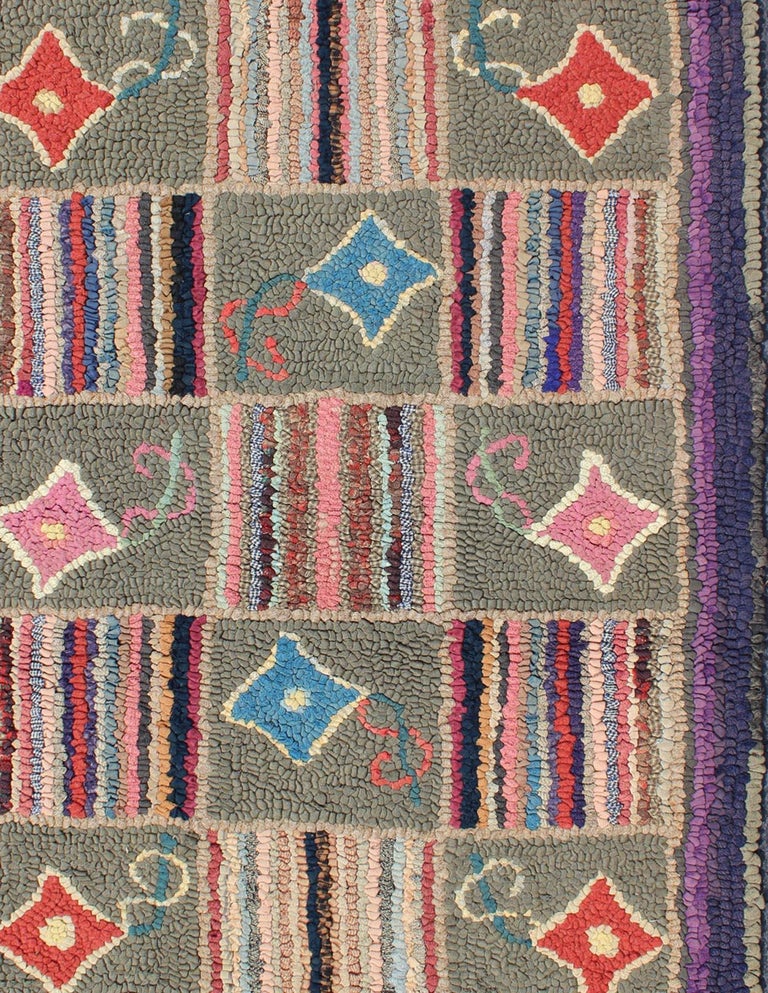 Antique American Hooked Rug with Colorful Geometric Design with Solid ...