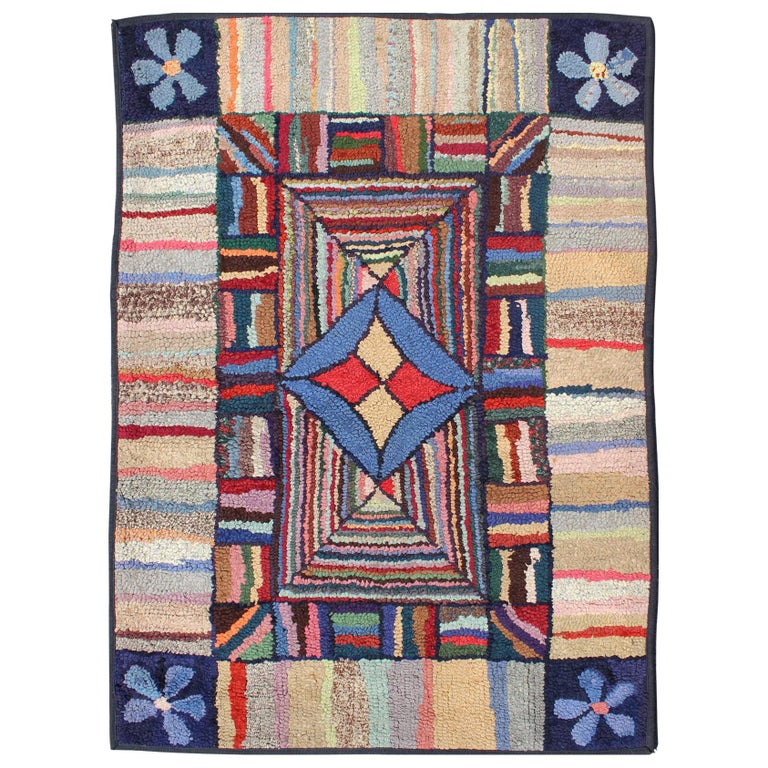 Antique American Hooked Rug with Colorful Geometric Design with Striped ...