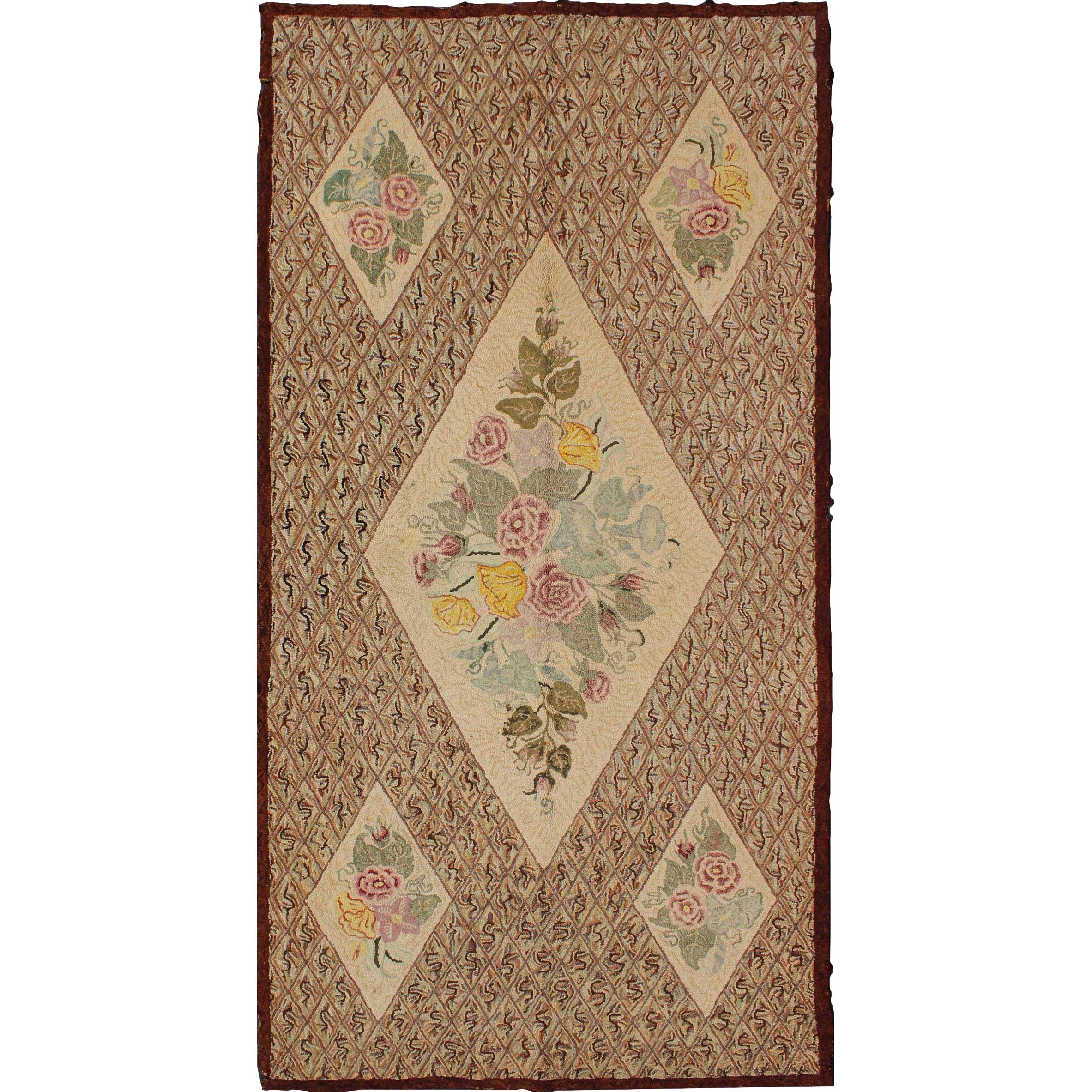 Antique Large American Art Nouveau Floral Hand Hooked Wool Rug Carpet ...