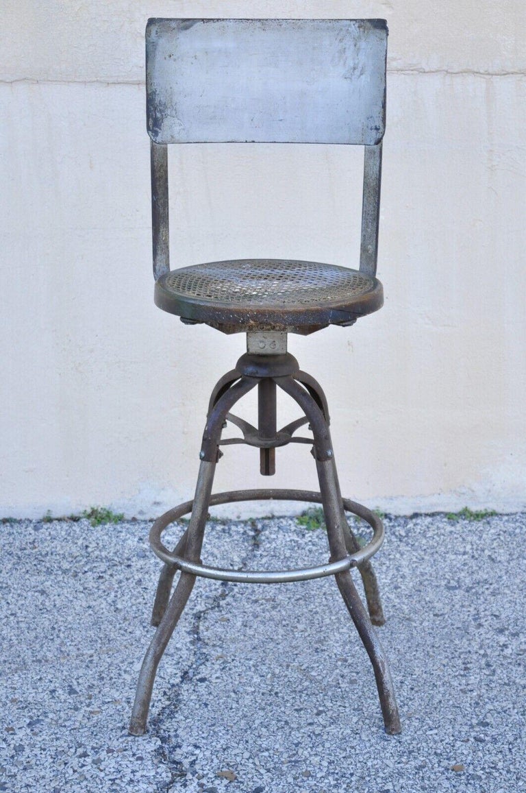Antique American Industrial Metal Drafting Work Stool with Oak and Cane ...