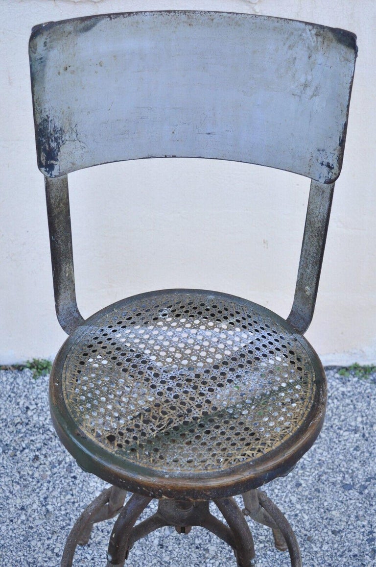 Antique American Industrial Metal Drafting Work Stool with Oak and Cane ...