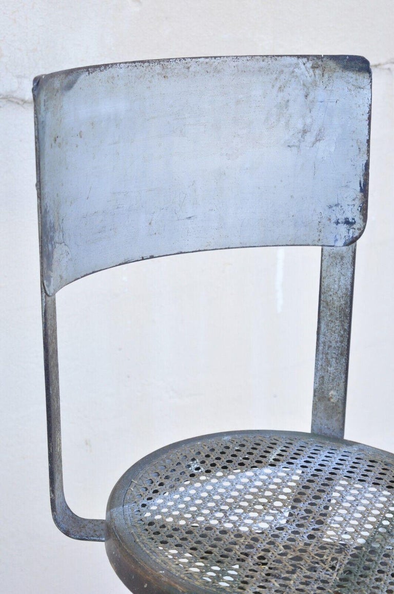 Antique American Industrial Metal Drafting Work Stool with Oak and Cane ...