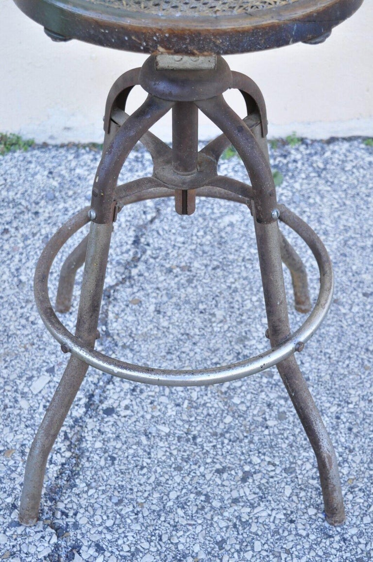 Antique American Industrial Metal Drafting Work Stool with Oak and Cane ...