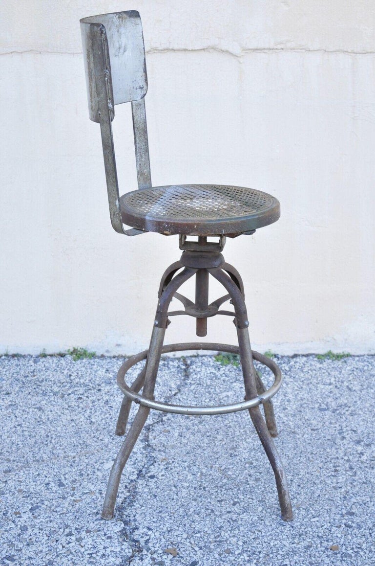 Antique American Industrial Metal Drafting Work Stool with Oak and Cane ...