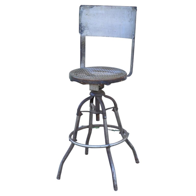 Antique American Industrial Metal Drafting Work Stool with Oak and Cane ...