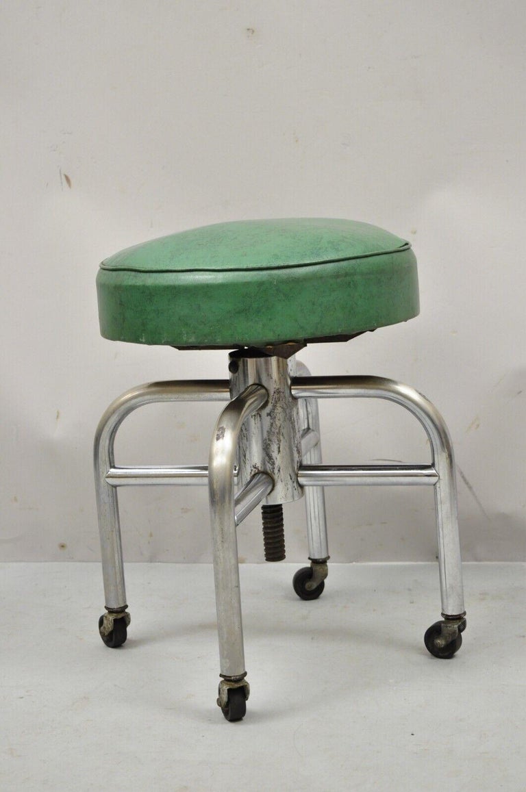 Antique American Industrial Metal Green Vinyl Rolling Work Stool Seat ...