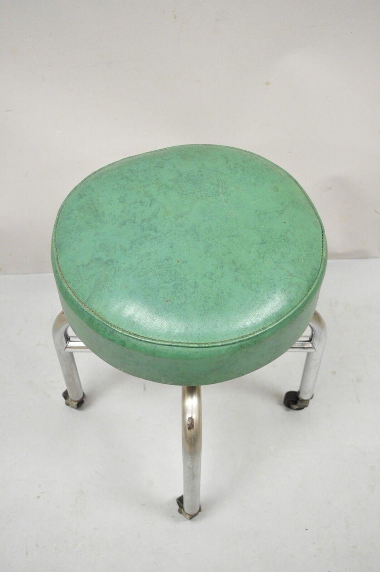Antique American Industrial Metal Green Vinyl Rolling Work Stool Seat ...