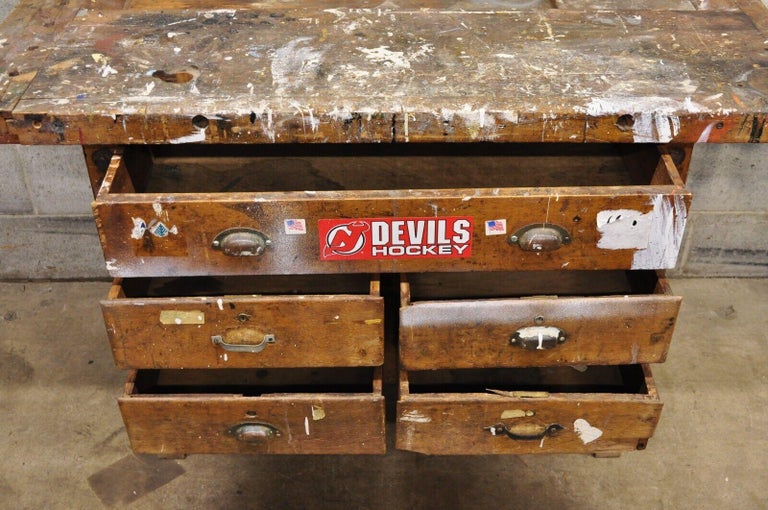 Antique American Industrial Wood Plank Distress Paint Splatter Work ...