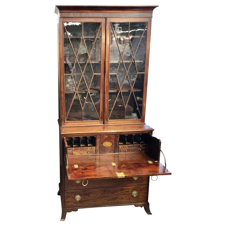 Antique American Inlaid Figured Mahogany Secretaire Bookcase w/Eli ...