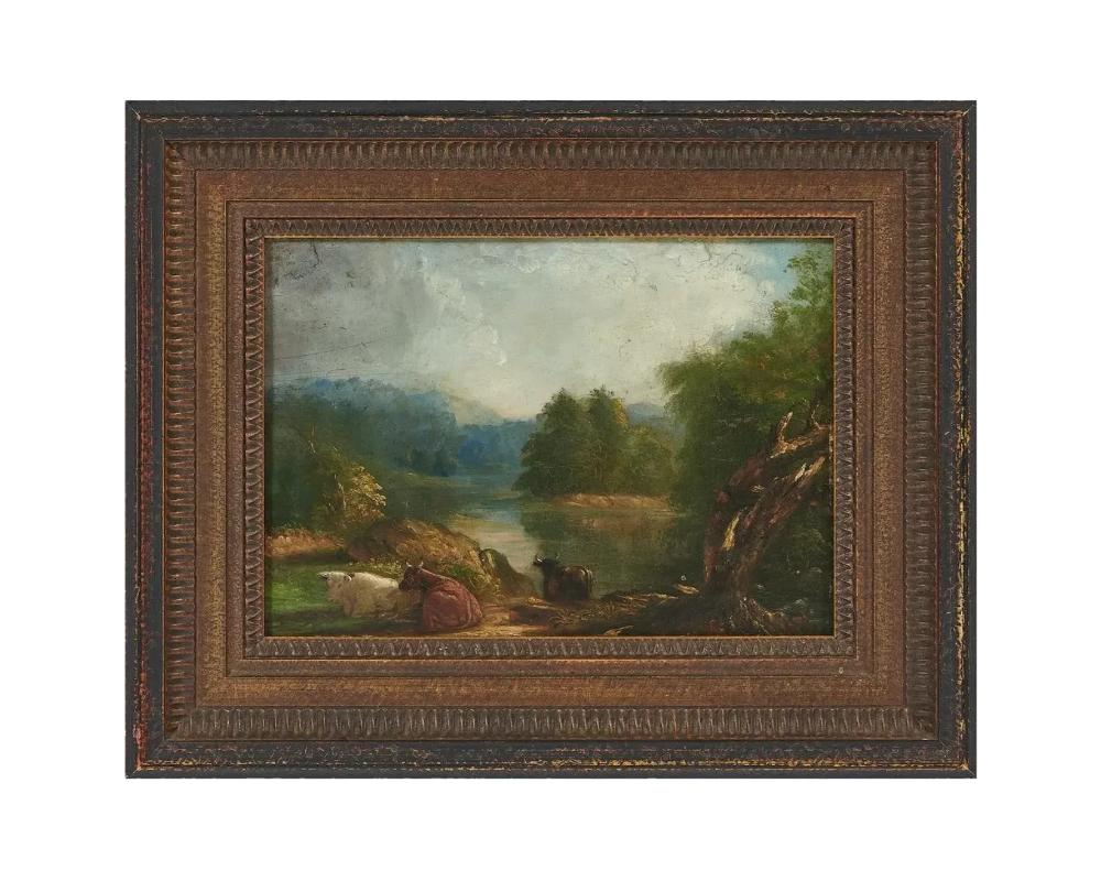 Antique American Oil on Panel Cows Resting by a River, Shepard Alonzo ...