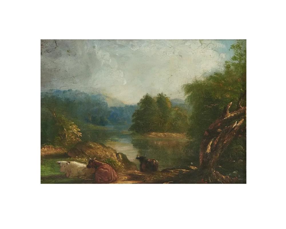Antique American Oil on Panel Cows Resting by a River, Shepard Alonzo ...