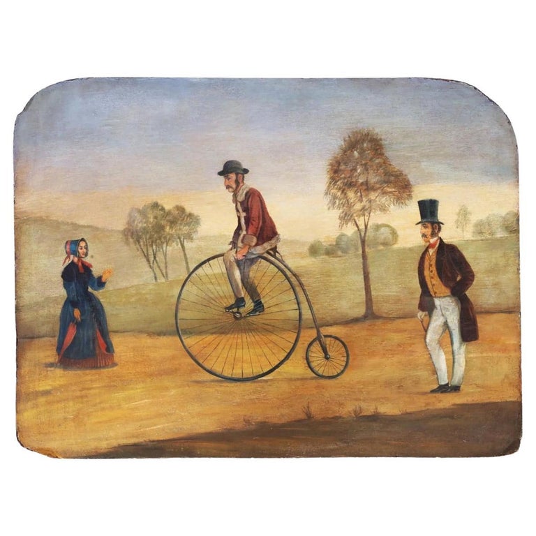 Antique American Oil Painting of a High Wheeler, Advertising Penny ...