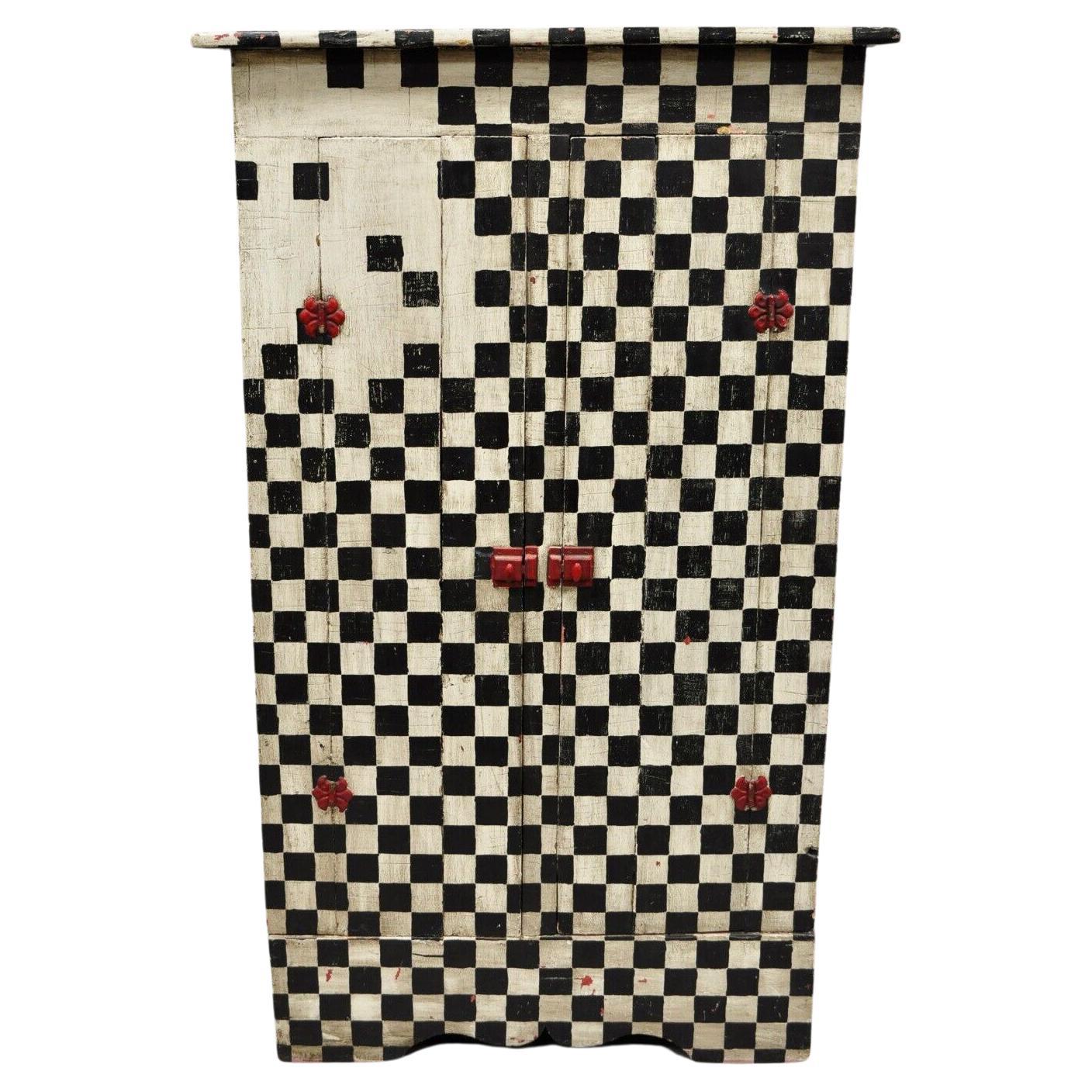 Antique American Black and White Checkerboard Kitchen Cupboard Cabinet ...
