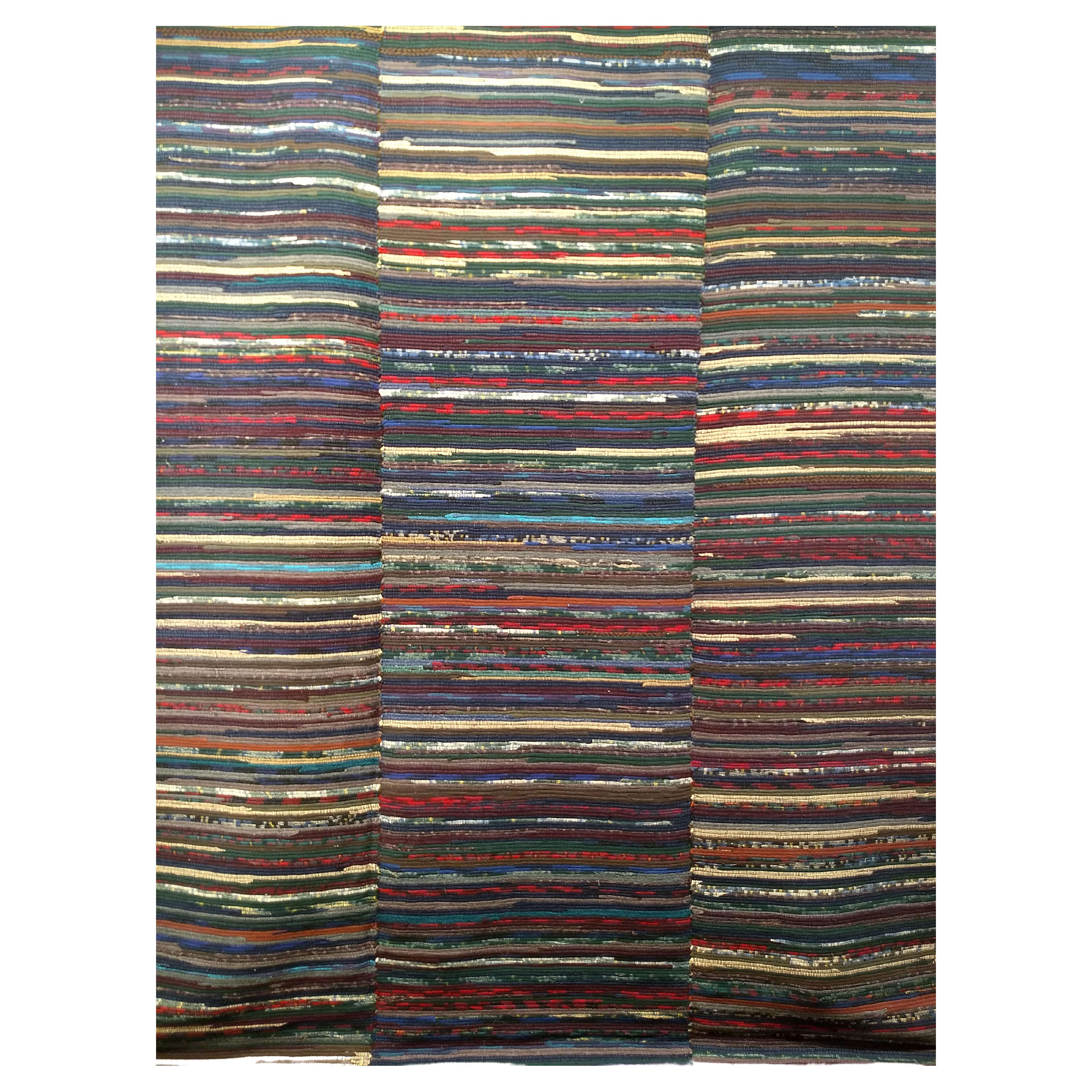 Room Size Vintage American Rag Rug in Stripe Pattern in Blue, Red ...