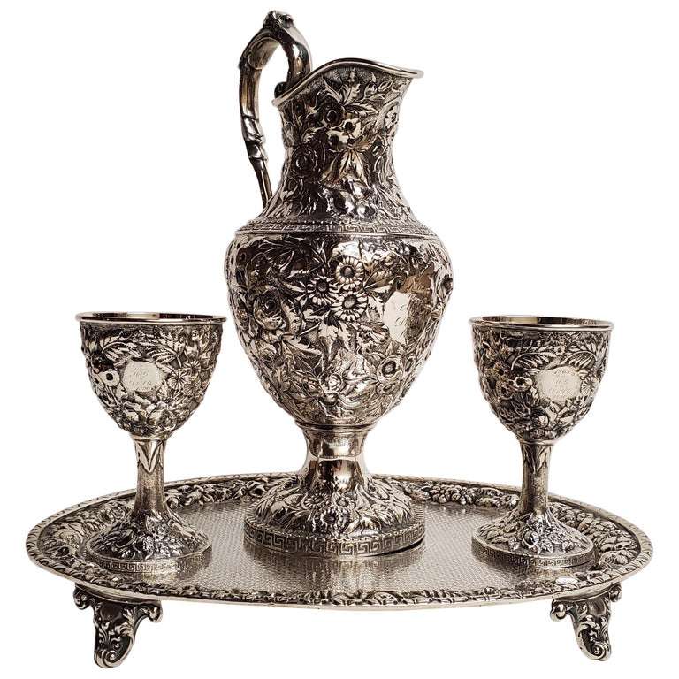 Antique American Repousse Sterling Silver Drinks Set For Sale at 1stDibs
