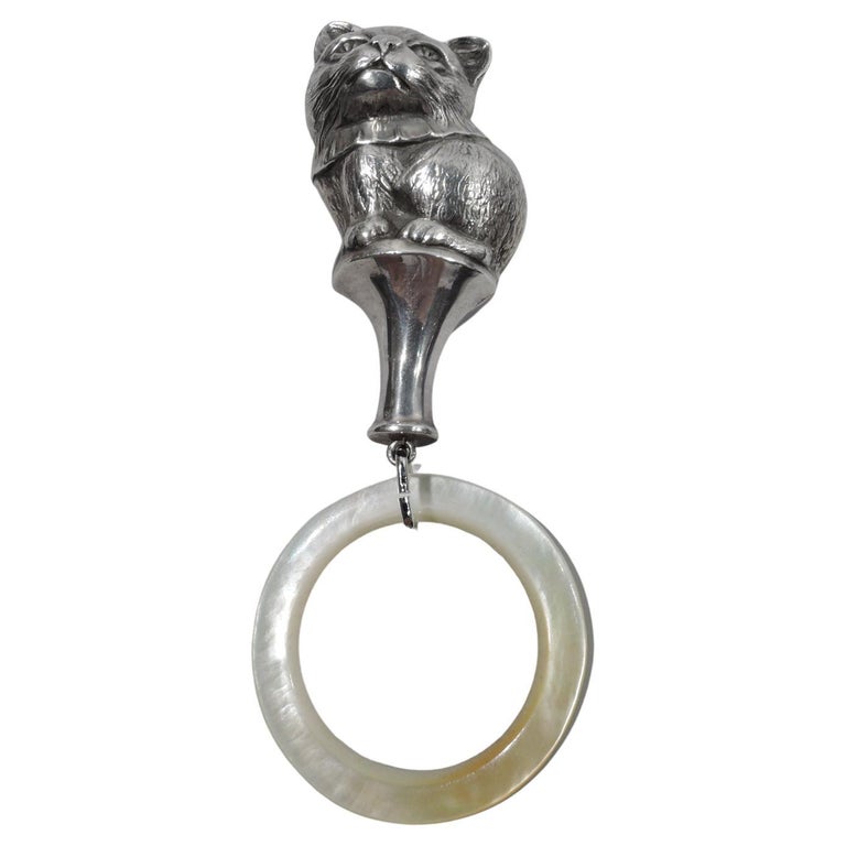 Antique American Sterling Silver Rattle with Kitty Sitting Pretty For ...