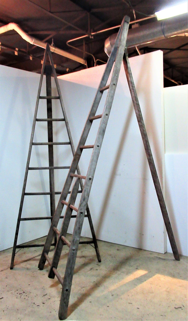 Antique American Wood and Iron A-Frame Peak Top Folding Orchard Ladders ...