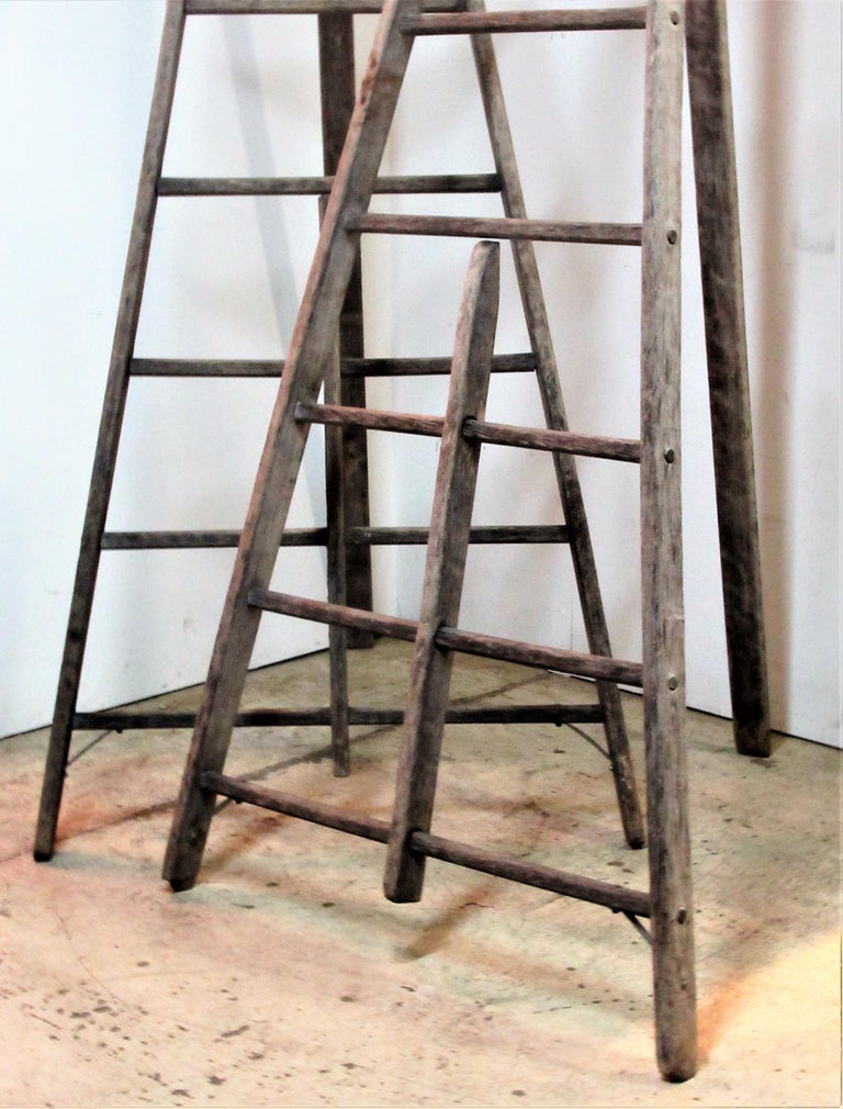 Antique American Wood and Iron A-Frame Peak Top Folding Orchard Ladders ...
