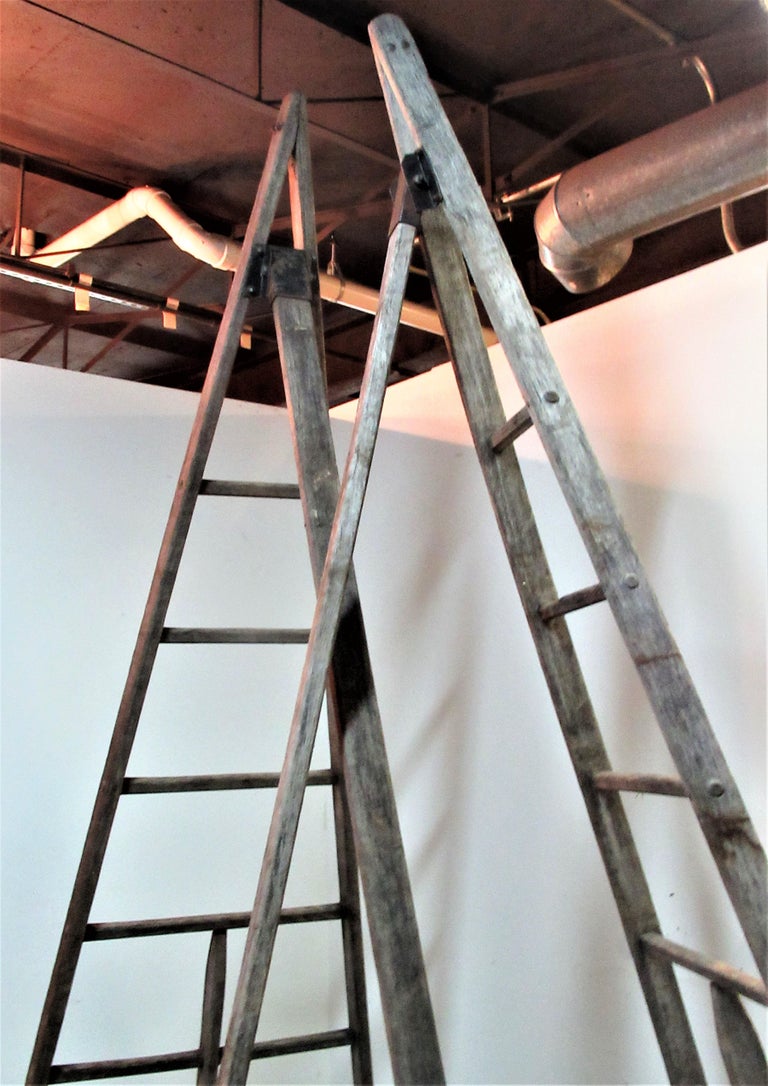 Antique American Wood and Iron A-Frame Peak Top Folding Orchard Ladders ...