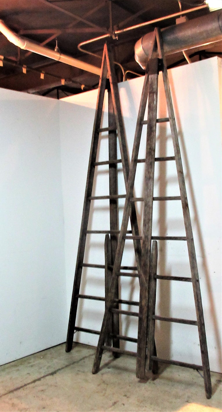 Antique American Wood and Iron A-Frame Peak Top Folding Orchard Ladders ...