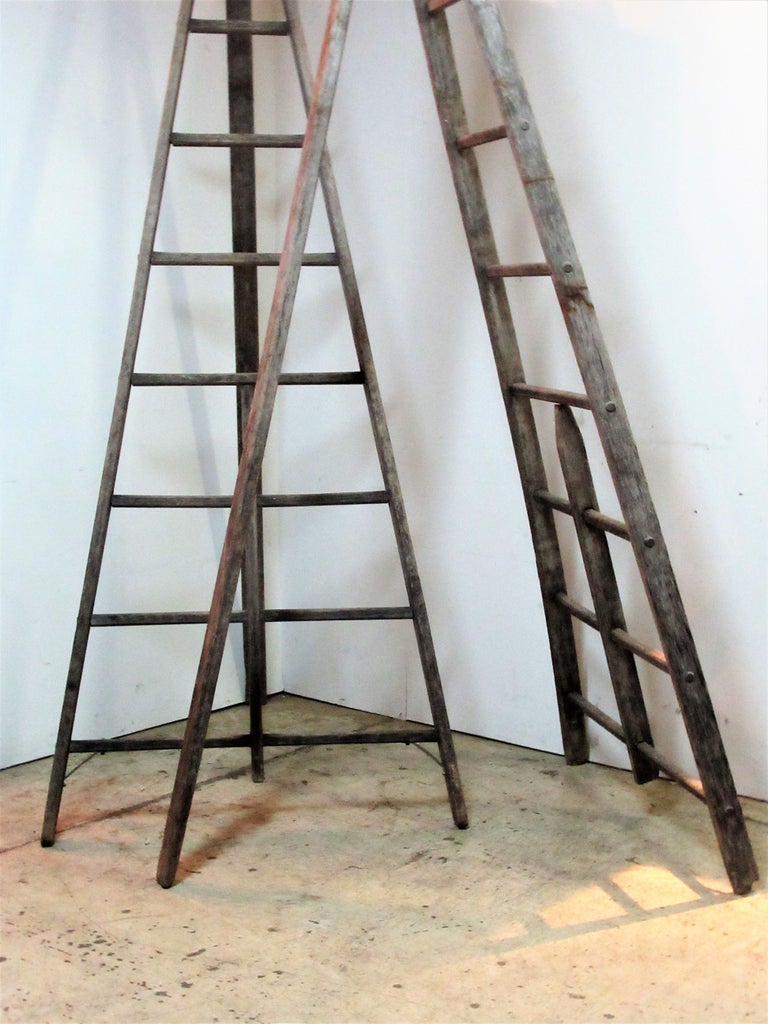 Antique American Wood and Iron A-Frame Peak Top Folding Orchard Ladders ...