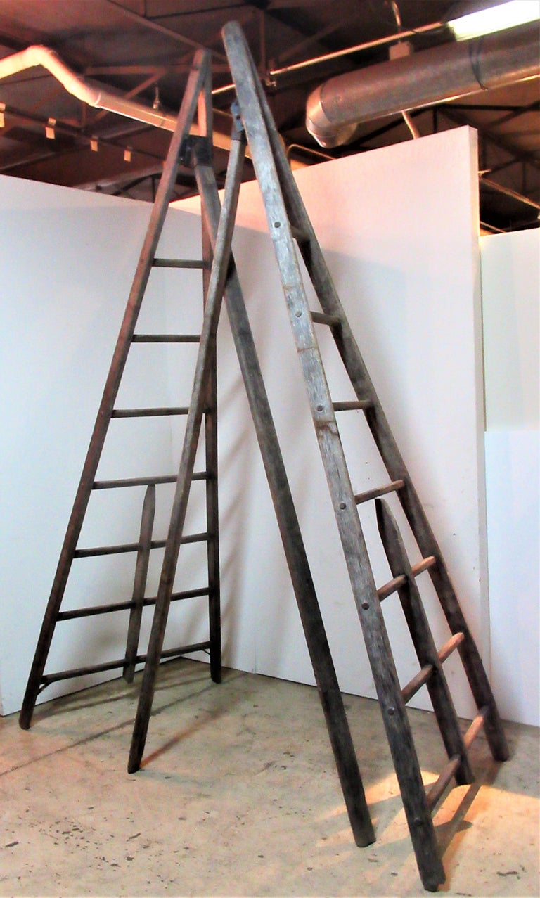 Antique American Wood and Iron A-Frame Peak Top Folding Orchard Ladders ...